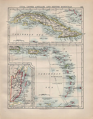 1902 MAP ~ CUBA LESSER ANTILLES & BRITISH HONDURAS CARIBBEAN SEA | eBay.de
