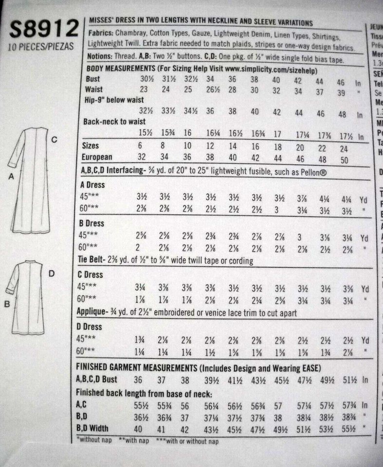 Dresses with Neck Sleeve Variations Misses 16-24 Simplicity 8912 Sewing ...