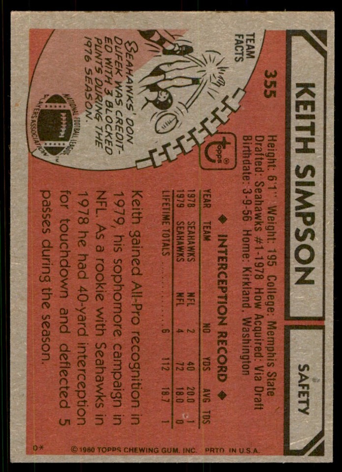 1980 TOPPS FOOTBALL NFL KEITH SIMPSON SEATTLE SEAHAWKS #355 | eBay