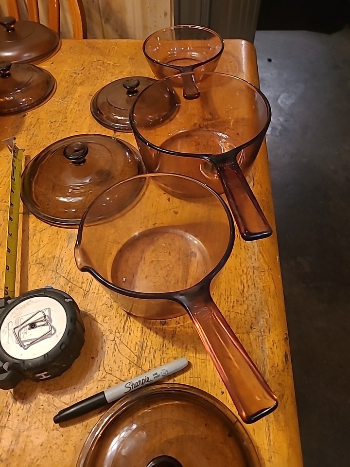 Vintage Visions Cookware Amber Glass Set Pans Lids 6pc Corningware ...