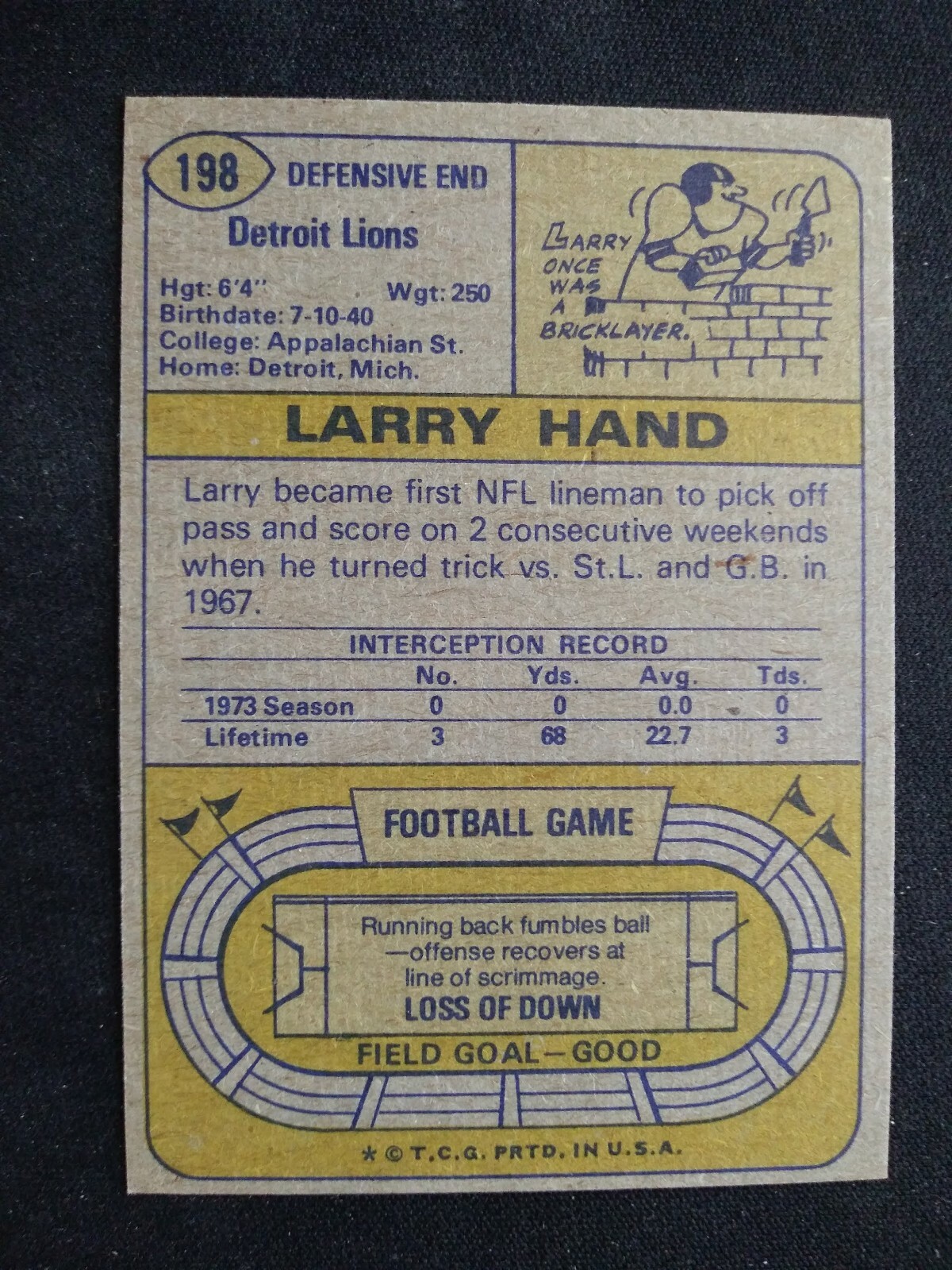 1974 Topps Football Card # 198 Larry Hand - Detroit Lions | eBay