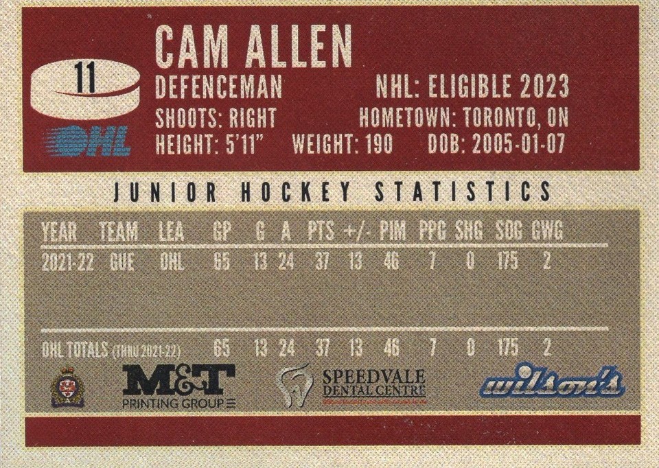 2022/23 Guelph Storm - CAM ALLEN | eBay