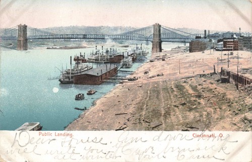 Postcard OH Cincinnati Public Landing Ohio River Banks Paddle-wheeler ...