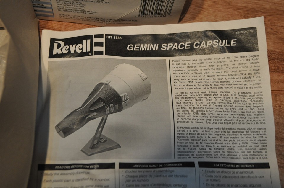 REVELL Gemini Space Capsule Kit #1835 1:24 scale MISSING DECAL SHEET ...