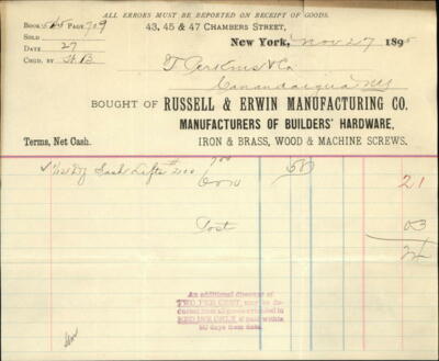 1895 New York New York (NY) Receipt Russell & Erwin Manufacturing Co. T ...