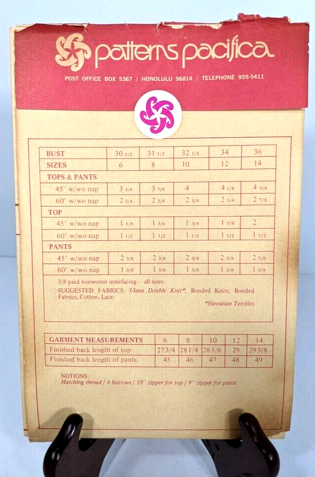 VINTAGE PATTERNS PACIFICA SEWING PATTERN TOP & BELL BOTTOM #1016 SIZE ...