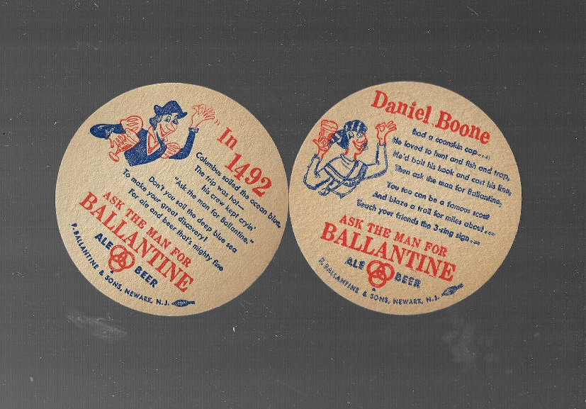 BALLENTINE VINTAGE BEER COASTERS 2 Historic Beer Rhymes Daniel Boone ...