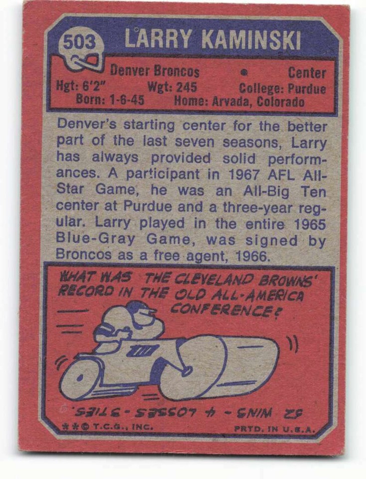 1973 Topps #503 Larry Kaminski VG/EX Very Good/Excellent Broncos ID ...