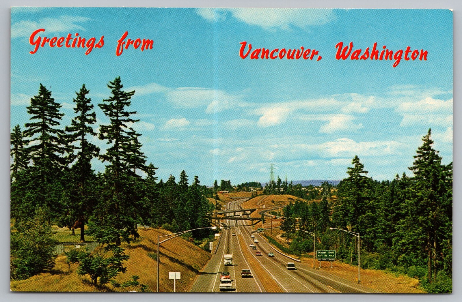Greetings from Vancouver Washington Postcard Hazel Dell Sign Old Cars ...