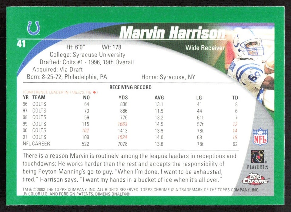 2002 6214B Topps Chrome Marvin Harrison Indianapolis Colts #41 | eBay