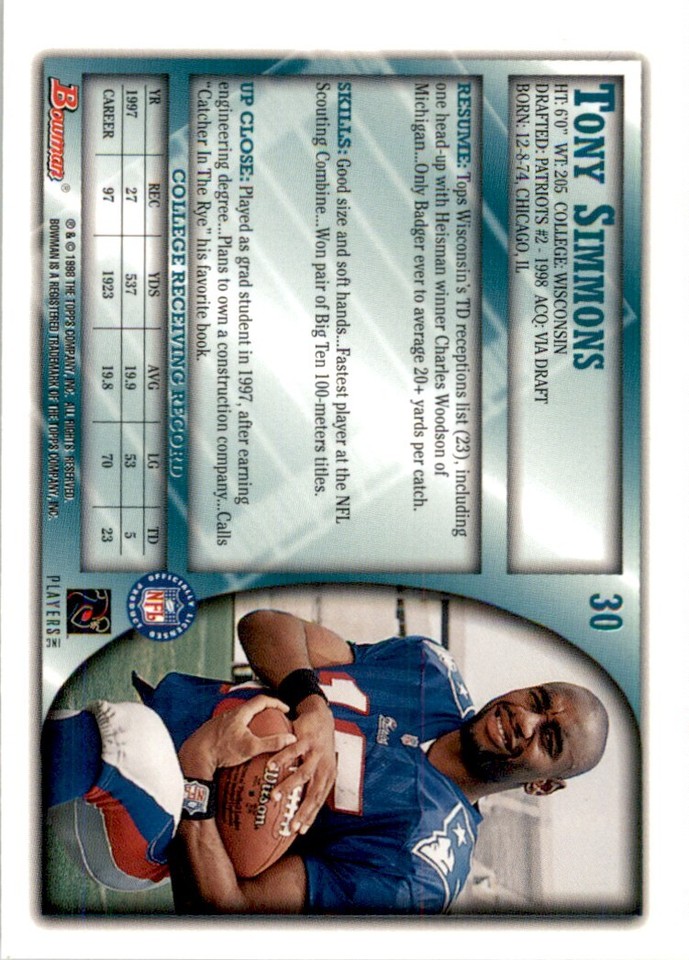 1998 Bowman Tony Simmons RC New England Patriots #30 | eBay