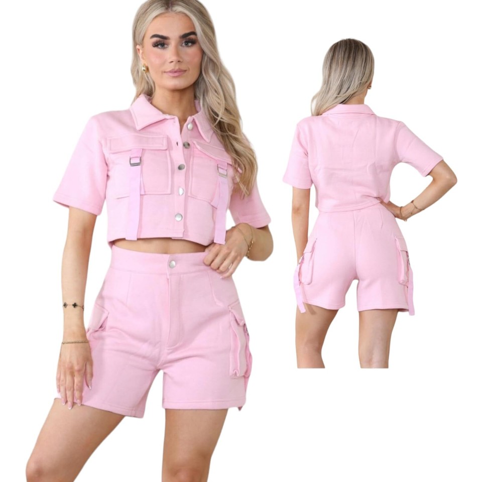 Women's Ladies Cargo Shorts Crop Top 2 Piece Set Co-ord Casual Summer ...