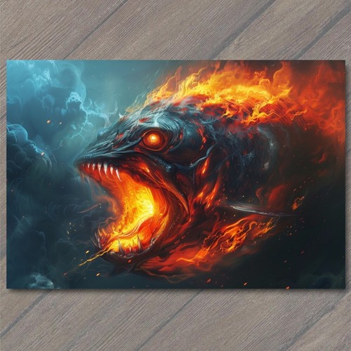 4x6" Piranha from Hell Fire Evil Fish Teeth Demon Devil Animal Scary ...