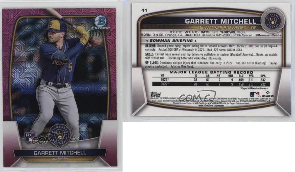 2023 Bowman Mega Box Chrome Pink Mojo Refractor Garrett Mitchell Rookie ...