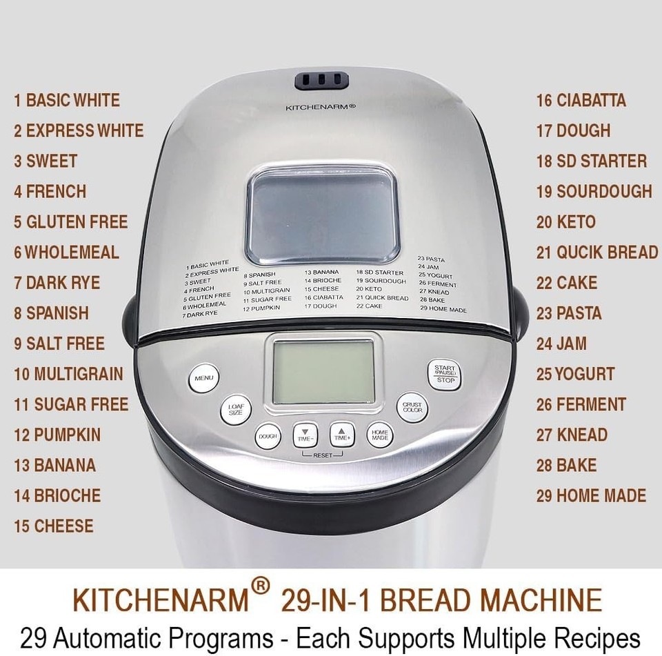 Bread Machine -KITCHENARM 29-in-1 SMART Bread Machine with Gluten Free ...