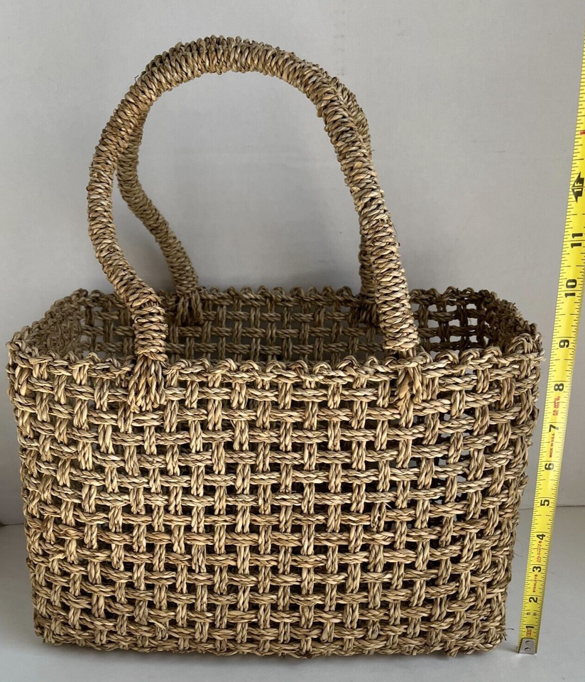 Wicker Straw Rectangle Tote Basket Bag with 3D Seashells & Handles | eBay