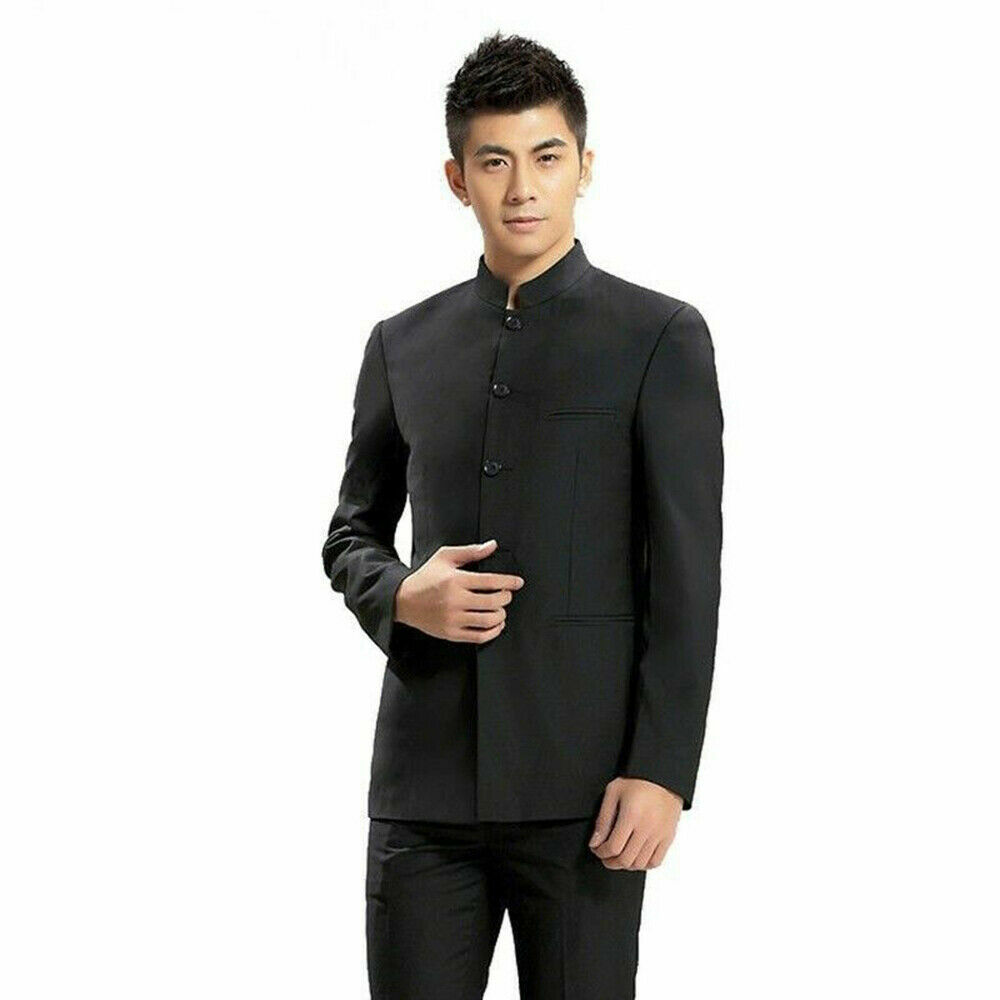 Mens Single-Breasted Jacket Suit Chinese Zhongshan Coat Mandarin Collar ...