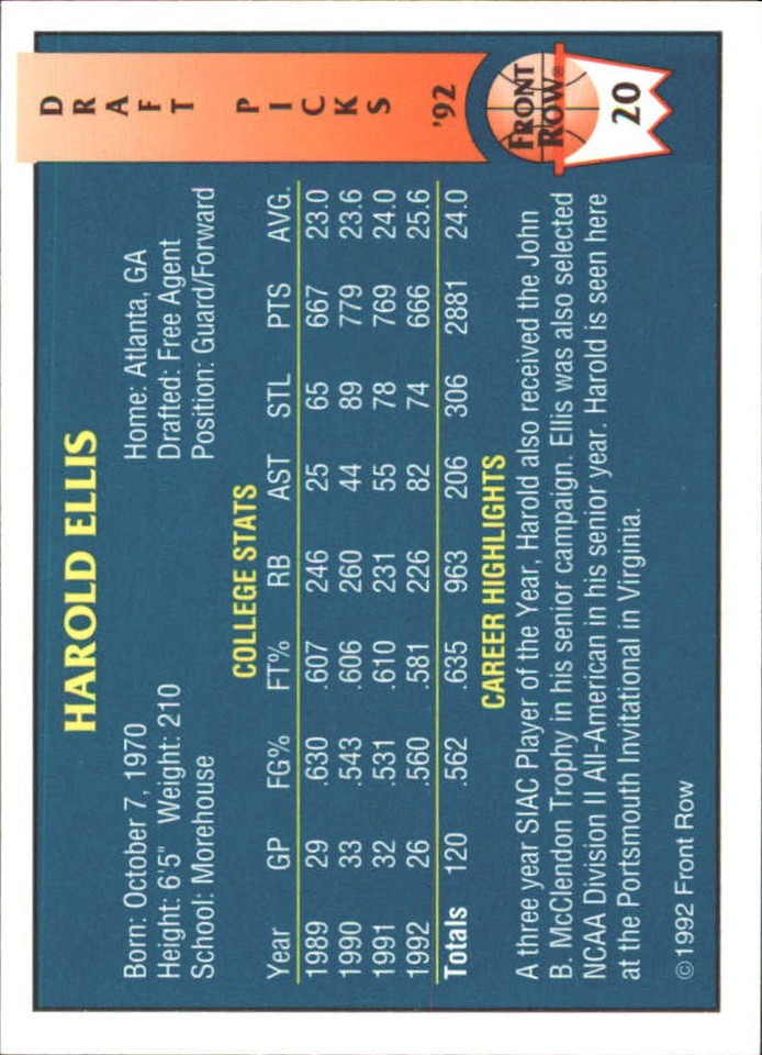 1992 Front Row #20 Harold Ellis | eBay