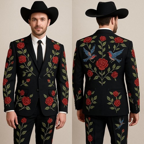 Men Black 2Pc Floral Birds Embroidered Nudie Western cowboy Cocktail ...
