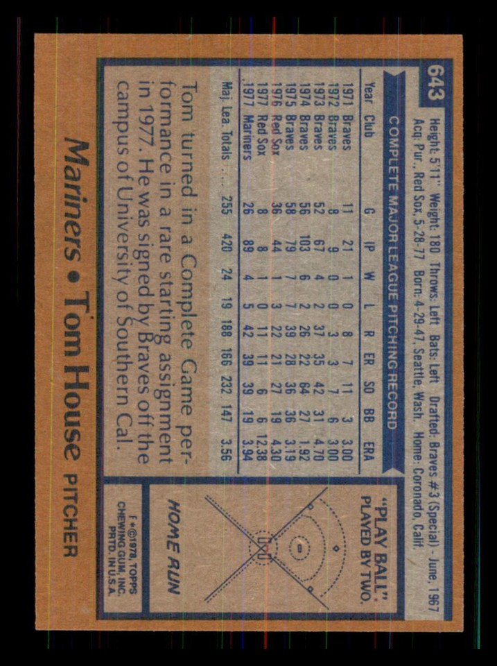 1978 Baseball Topps Tom House Seattle Mariners #643 | eBay
