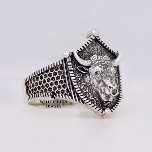 Animal Bull Head Zodiac Sign Taurus Shield Oxidized Ring 925 Silver Men ...