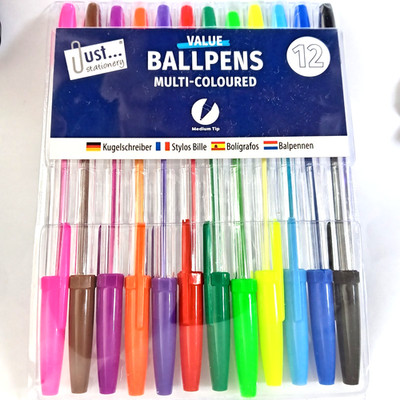 12 Multicoloured Ballpoint Pens - Easy Write Writing Colours Colouring ...