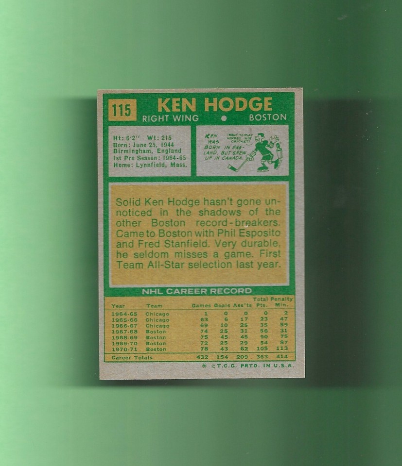 SHARP! KEN HODGE-Boston Bruins! 1971-72 Topps # 115 | eBay