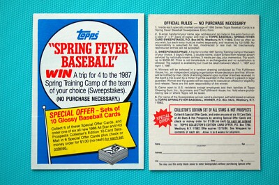 1986 Topps SPRING FEVER BASEBALL SWEEPSTAKES Insert Card (2) | eBay