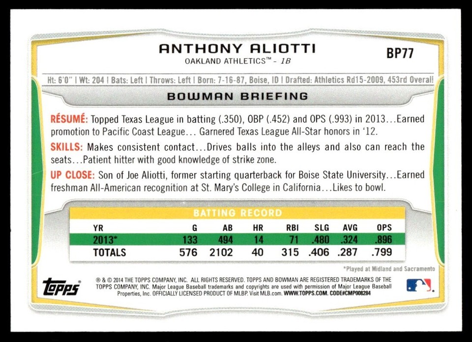 2014 Bowman Prospects Anthony Aliotti Auto Oakland Athletics #BP77 ...