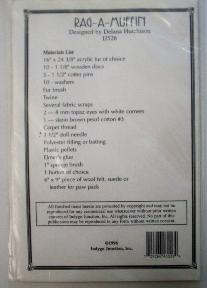Rag-A-Muffin 14" jointed bear Indygo Junction craft pattern UNCUT *CB ...