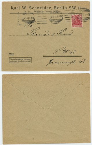 114705 - Beleg Karl W. Schneider, Berlin - 6.4.1921 | eBay.de