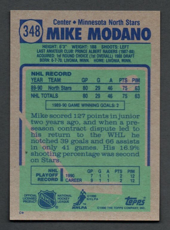 1990-91 Topps #348 MIKE MODANO / Minnesota North Stars - Rookie Card | eBay