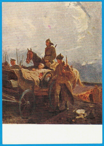 G.Sorogin 1957 Russian postcard Civil War Wounded Soldier Cart Horse ...