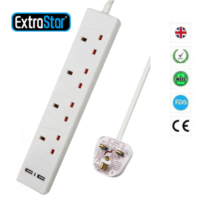 4 Gang Way Extension Lead 2 USB Ports Cable Electric Plug Socket UK ...