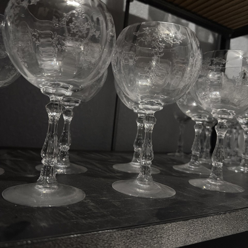 7 -Fostoria NAVARRE Blue Crystal Magnum Wine Glass ETCHED Balloon ...