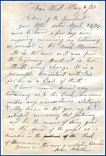 Orig JOHN WHITMER 6 MAY 1877 BOOK OF MORMON TESTIMONY / Joseph R ...