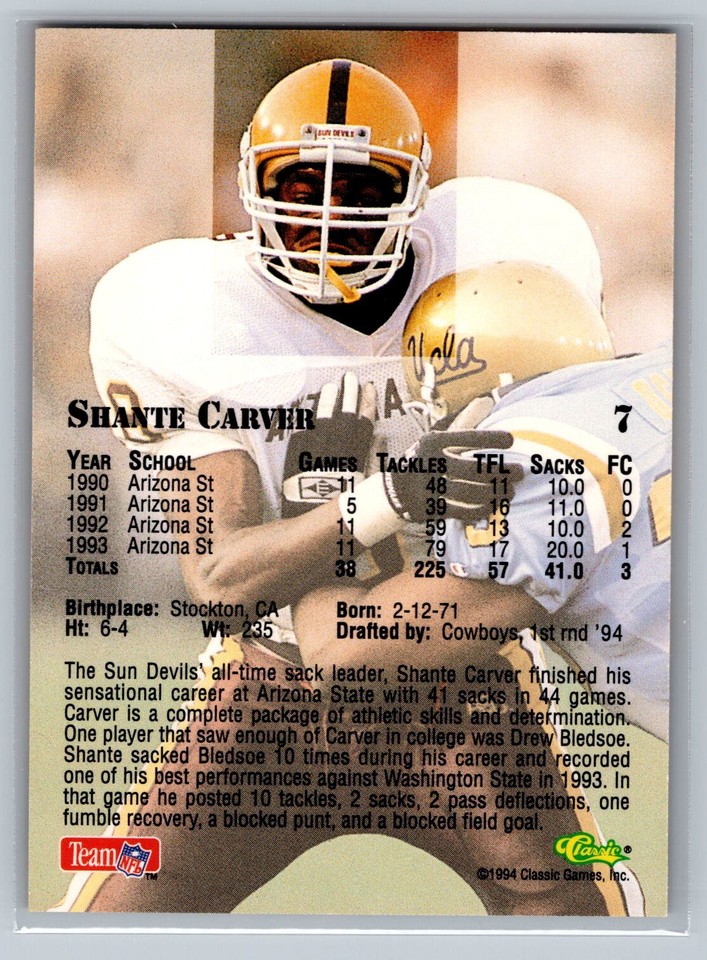 1994 Classic NFL Draft Football #7 Shante Carver Dallas Cowboys | eBay