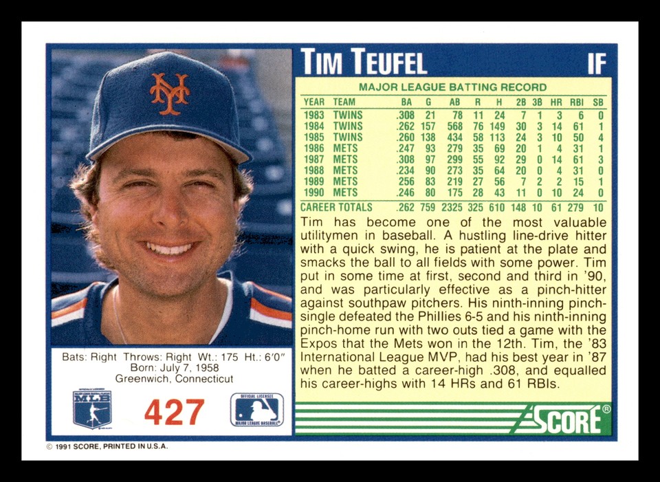 1991 Score Tim Teufel New York Mets #427 Centered Mint | eBay