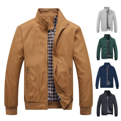 Mens Full Zip Up Jacket Stand-up Collar Coat Business Bomber Overcoat ...