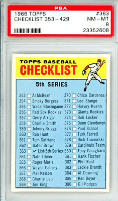 1966 Topps Checklist baseball card, PSA graded NM-MT 8, #363 in the set ...
