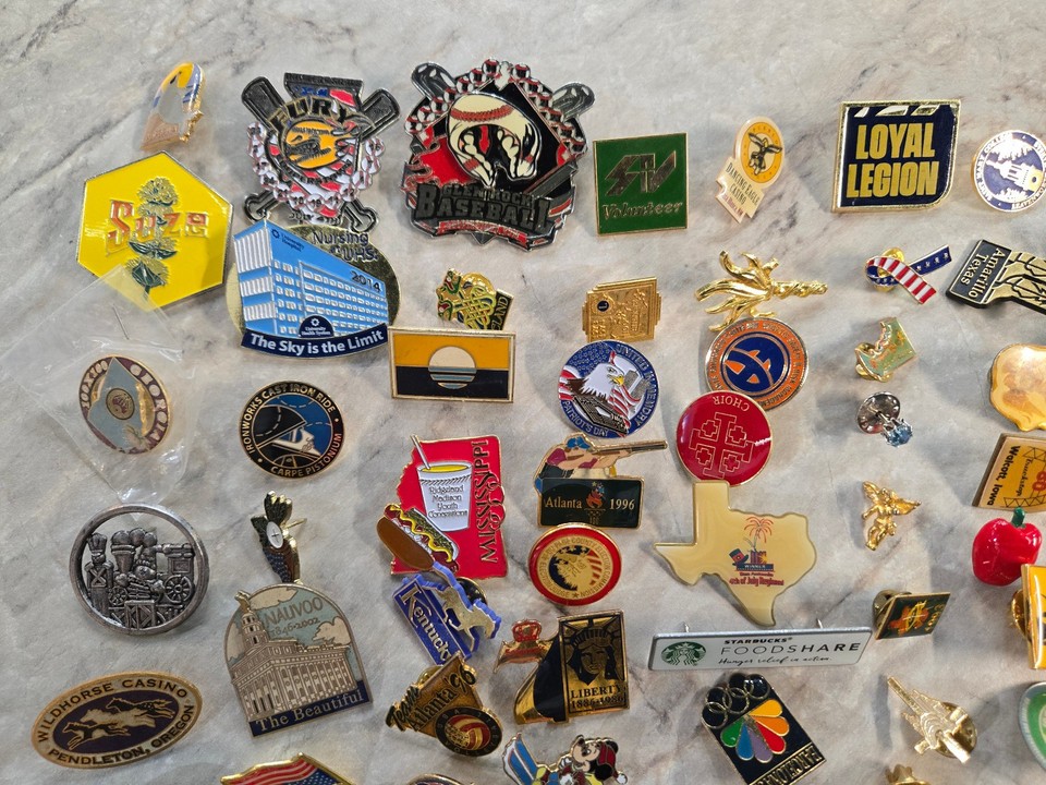 Exact Lot Shown of 100 Enamel Pins Tie Lapel Pins Etc. Most No Backs | eBay