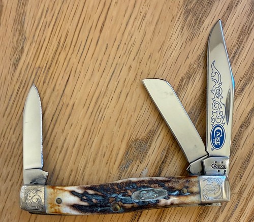 CASE BLUE SCROLL SCROLLED BOLSTER STAG STOCKMAN KNIFE NEVER USED #53131 ...