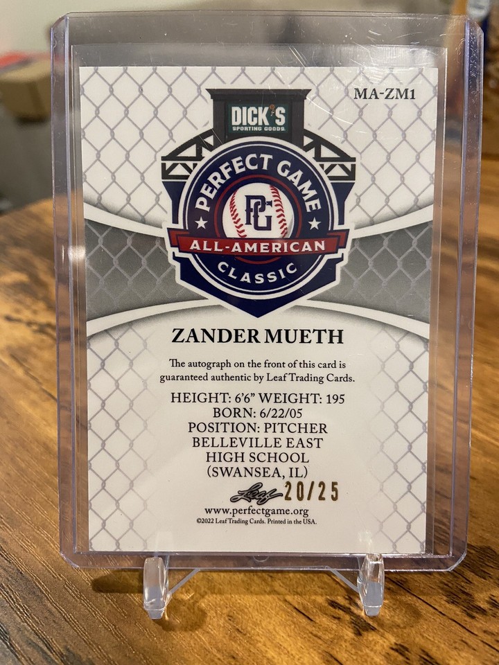 ZANDER MUETH 2022 Leaf Perfect Game Prospect RC Auto #/25🔥📈Pirates 2nd ...
