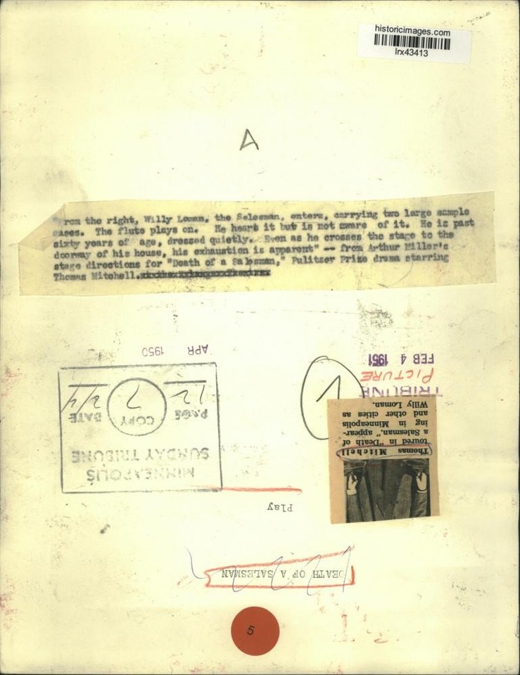 1950 Press Photo Actor Thomas Mitchell as Willy Loman in "Death of a ...