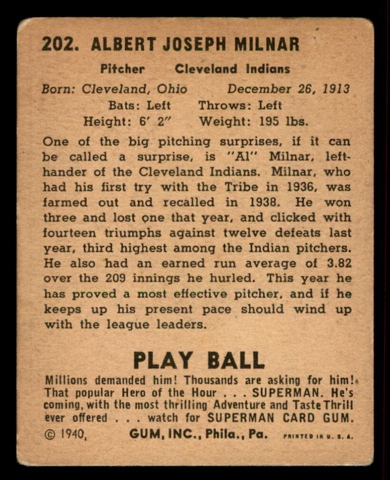 1940 Play Ball Baseball #202 Al Milnar GD *f1 | eBay