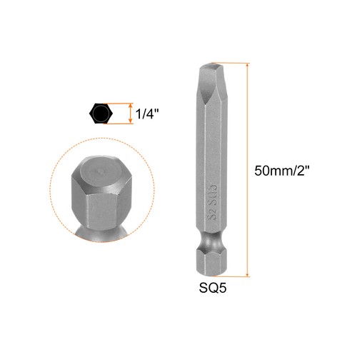 10Pcs SQ5 Square Head Screwdriver Bits 1/4 Inch Hex Shank 2" Long S2 ...