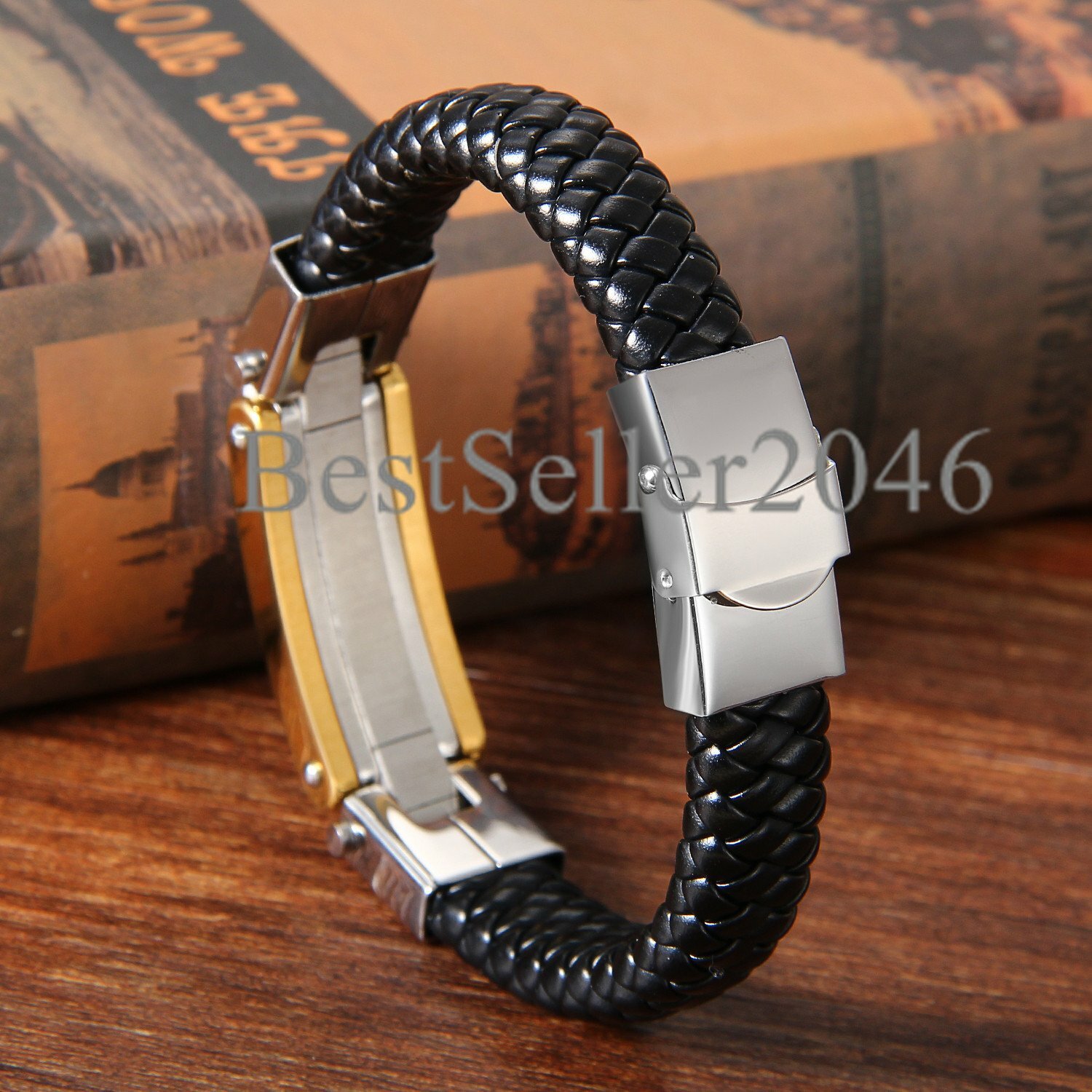 Men's Stainless Steel Leather Bracelet Braided Cuff Cross Wrist Bangle ...