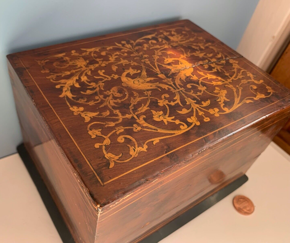 Antique Wood Inlaid Box 19th C. Inlay Box With Removable Inner Tray