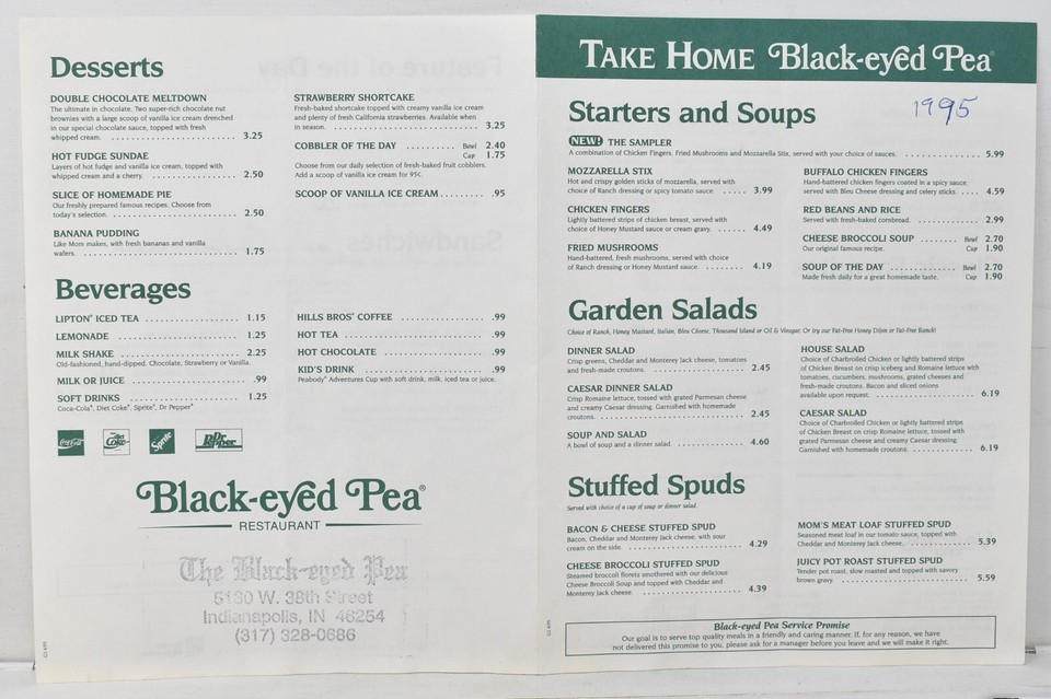 1995 The Black-eyed Pea Restaurant Menu 5130 W 38th Street Indianapolis ...