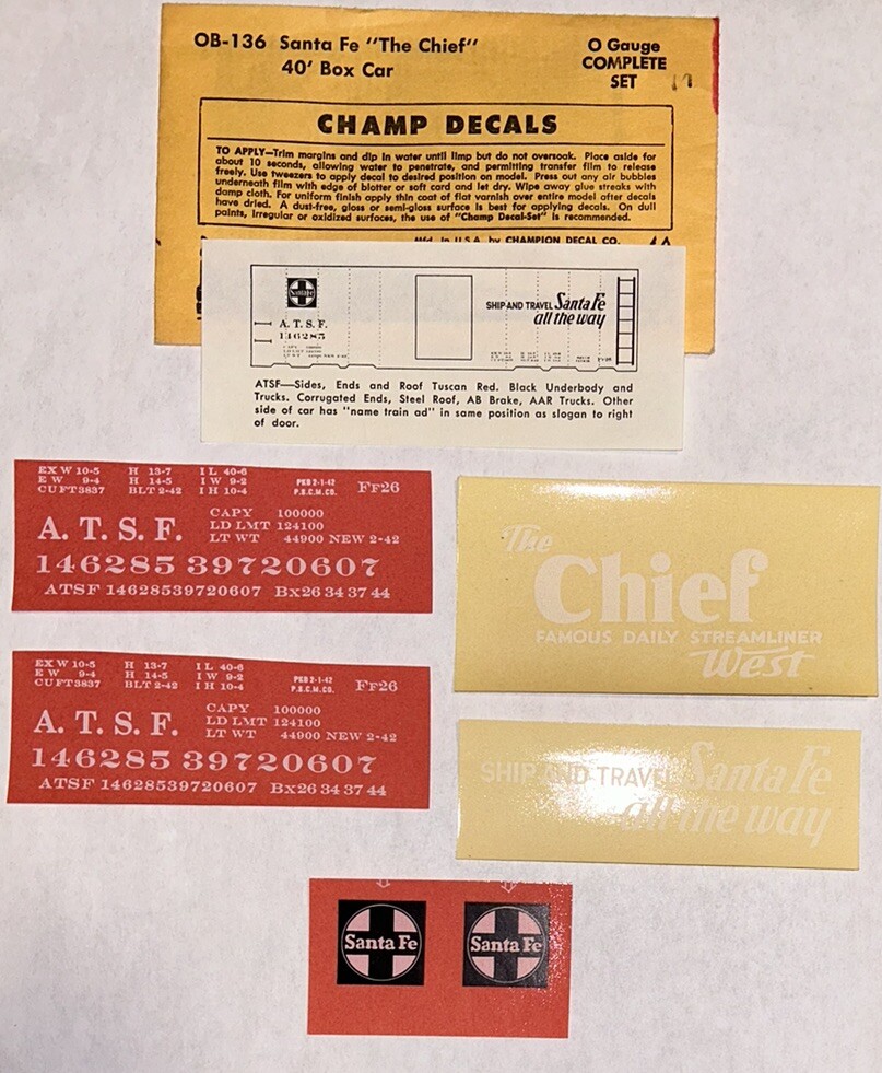 CHAMP O SCALE DECAL-SANTA FE/ATSF 40’ BOX CAR “CHIEF” - WHITE LETTERING ...